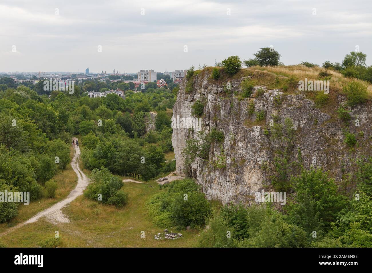 Steep slope of limestone rock covered with grass and bushes Stock Photo ...
