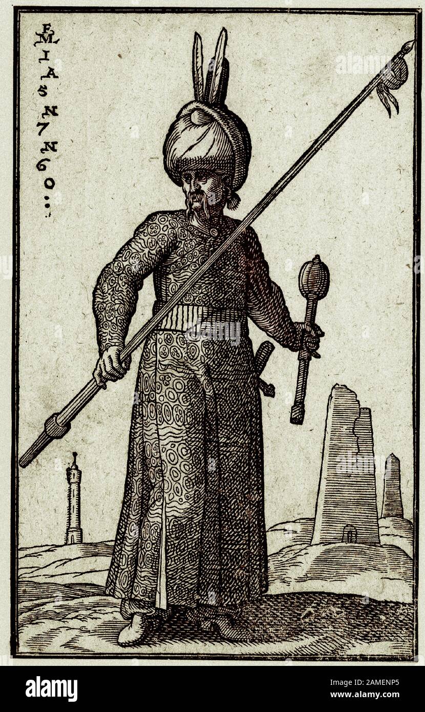 The history of Ottoman Empire. A border soldier is holding a long lance ...
