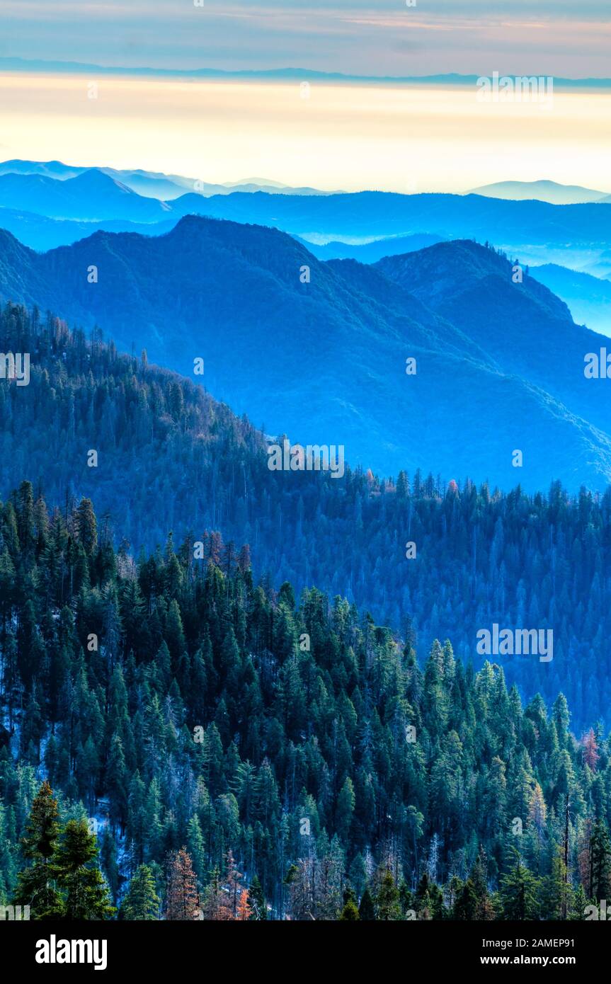 Natural valley of the Sequoia National Park at sunset, California, USA ...