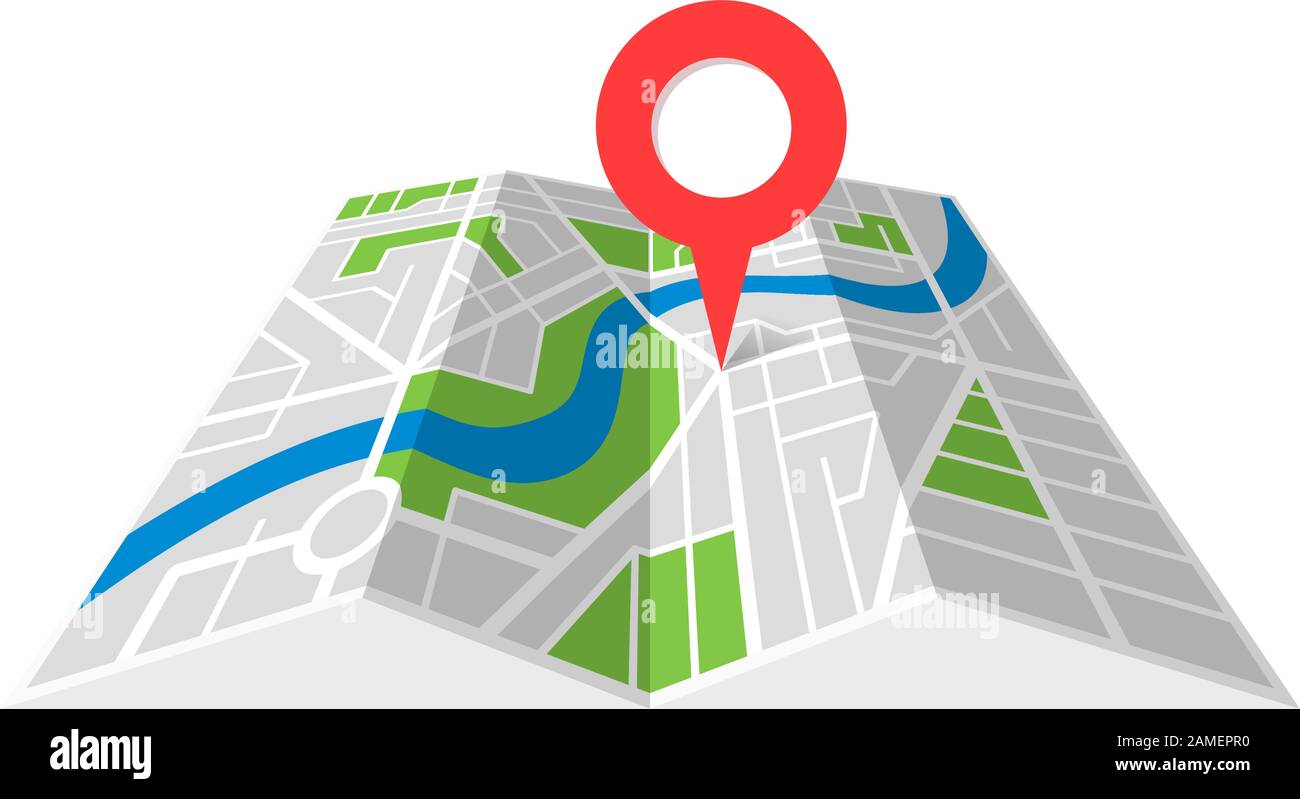 City street cartography folded map with navigation location pin pointer ...