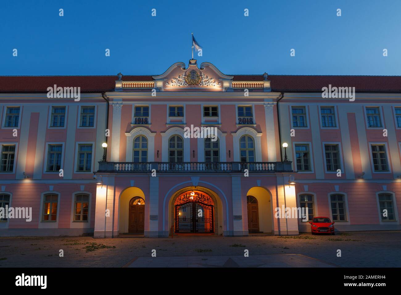 Night view of Estonian Parliament building, which is Toompea castle ...