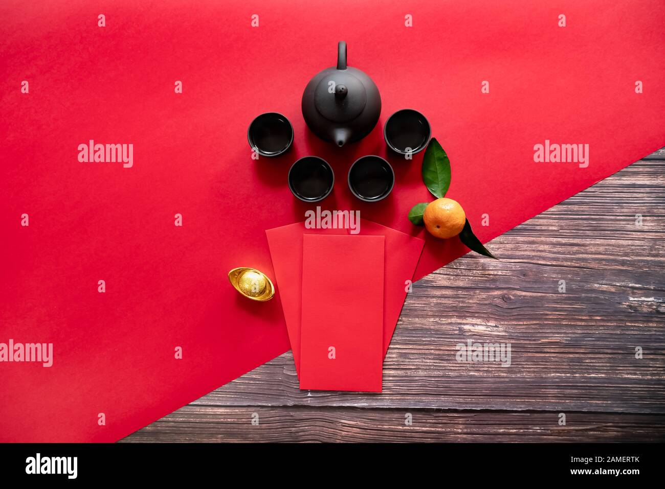 Chinese New Year offering red envelope and Chinese tea pot, Translation ...