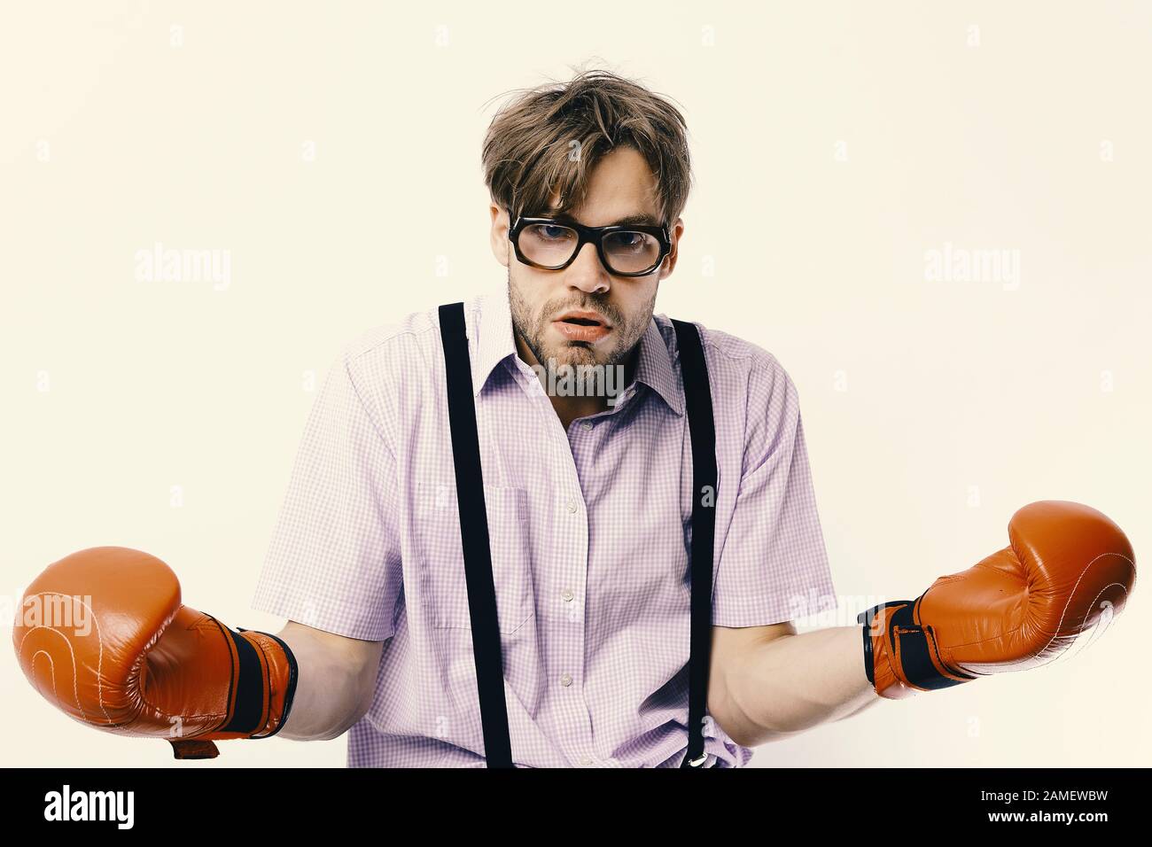 Boxing and comic conflict concept. Weak guy makes hits and punches. Man ...