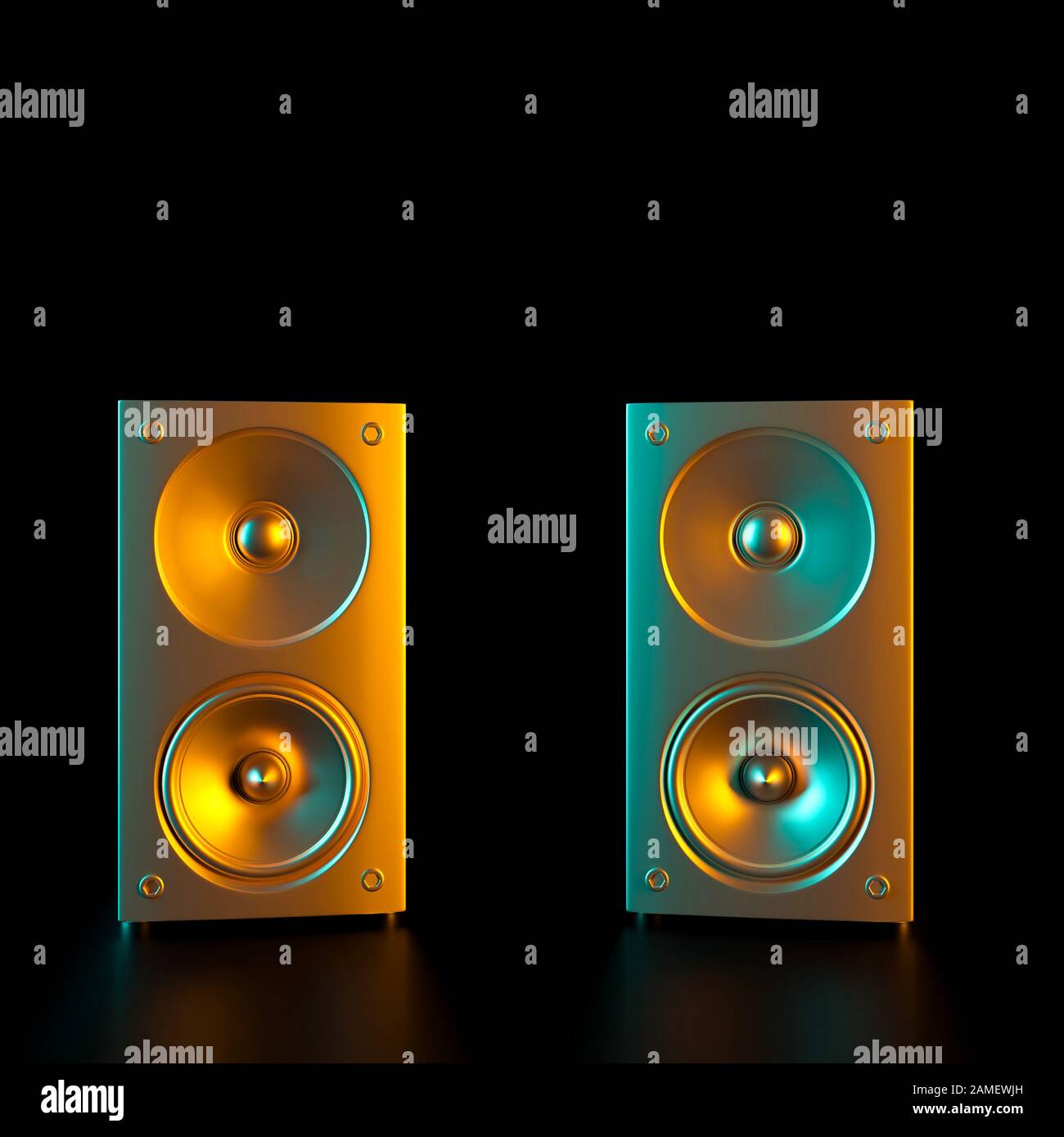 image of two gold-colored speakers. 3d render image. Music and ...