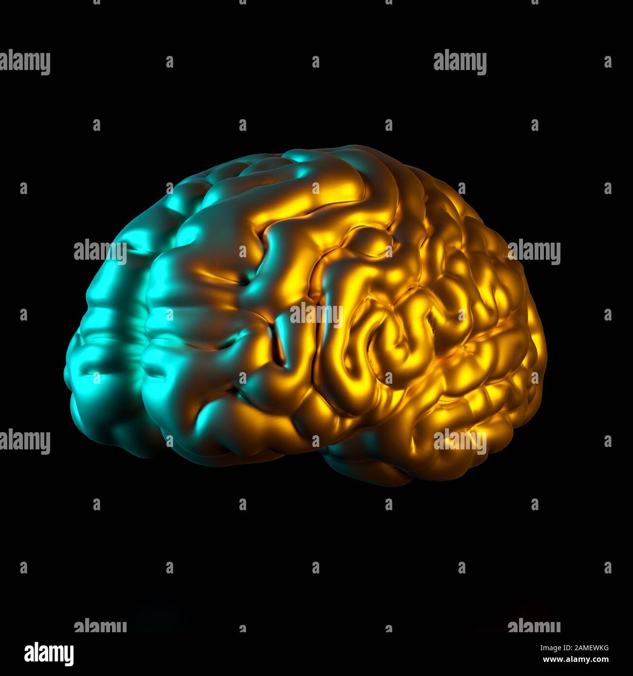 gold colored human brain, 3d rendered image. concept of medicine and ...