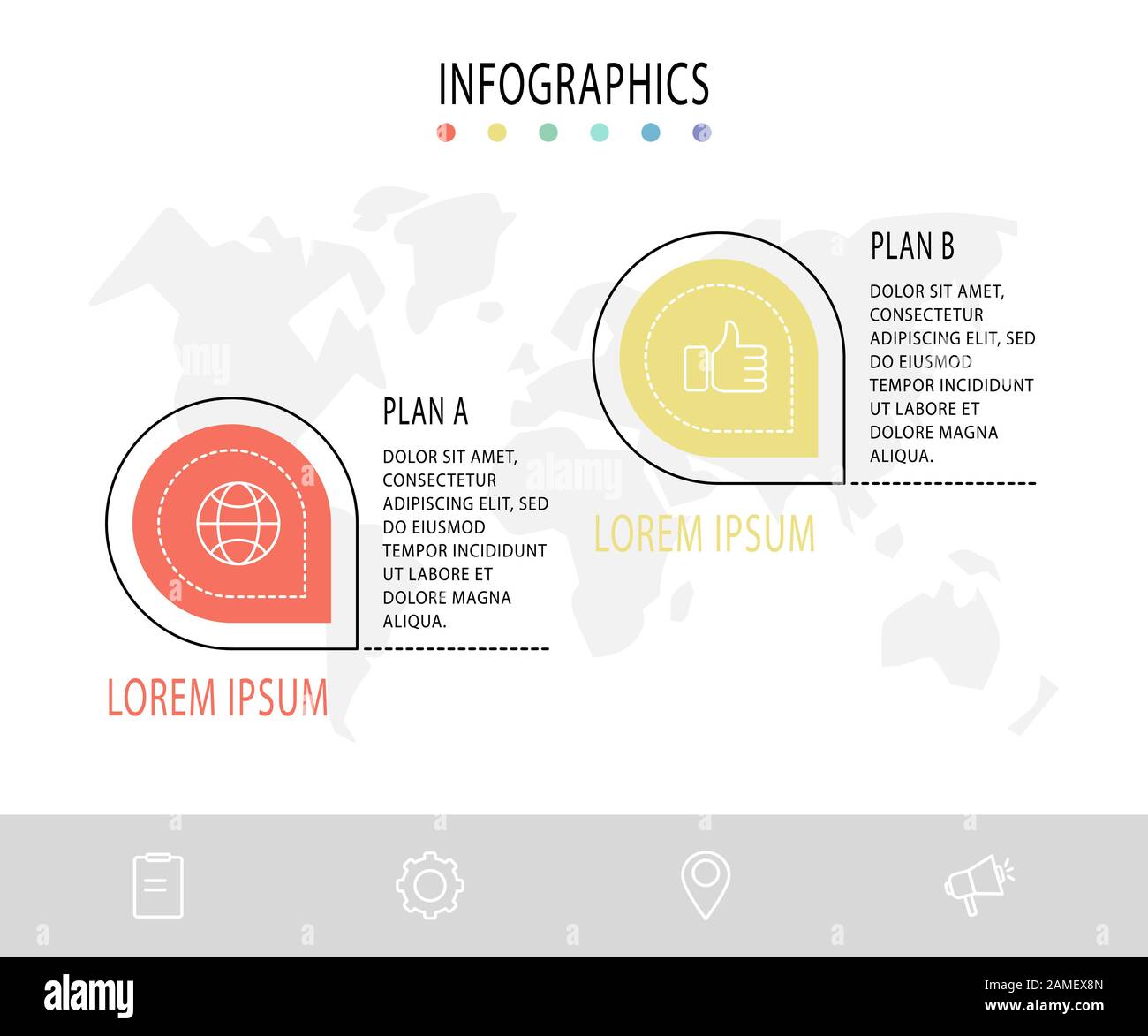 Vector infographic with 2 pins. Used for two diagrams, graphs ...