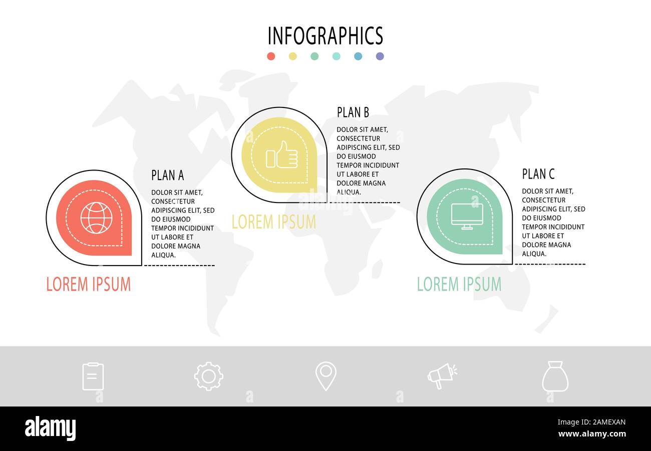 Vector infographic with 3 pins. Used for three diagrams, graphs ...