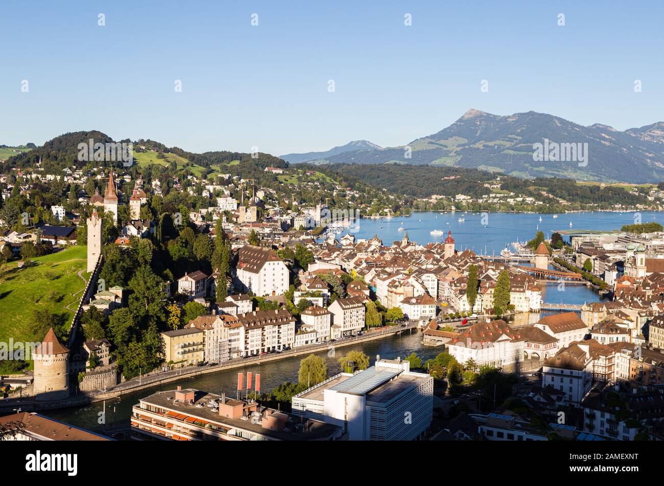Aerial view of the famous Lucerne medieval old town with its fortifed ...
