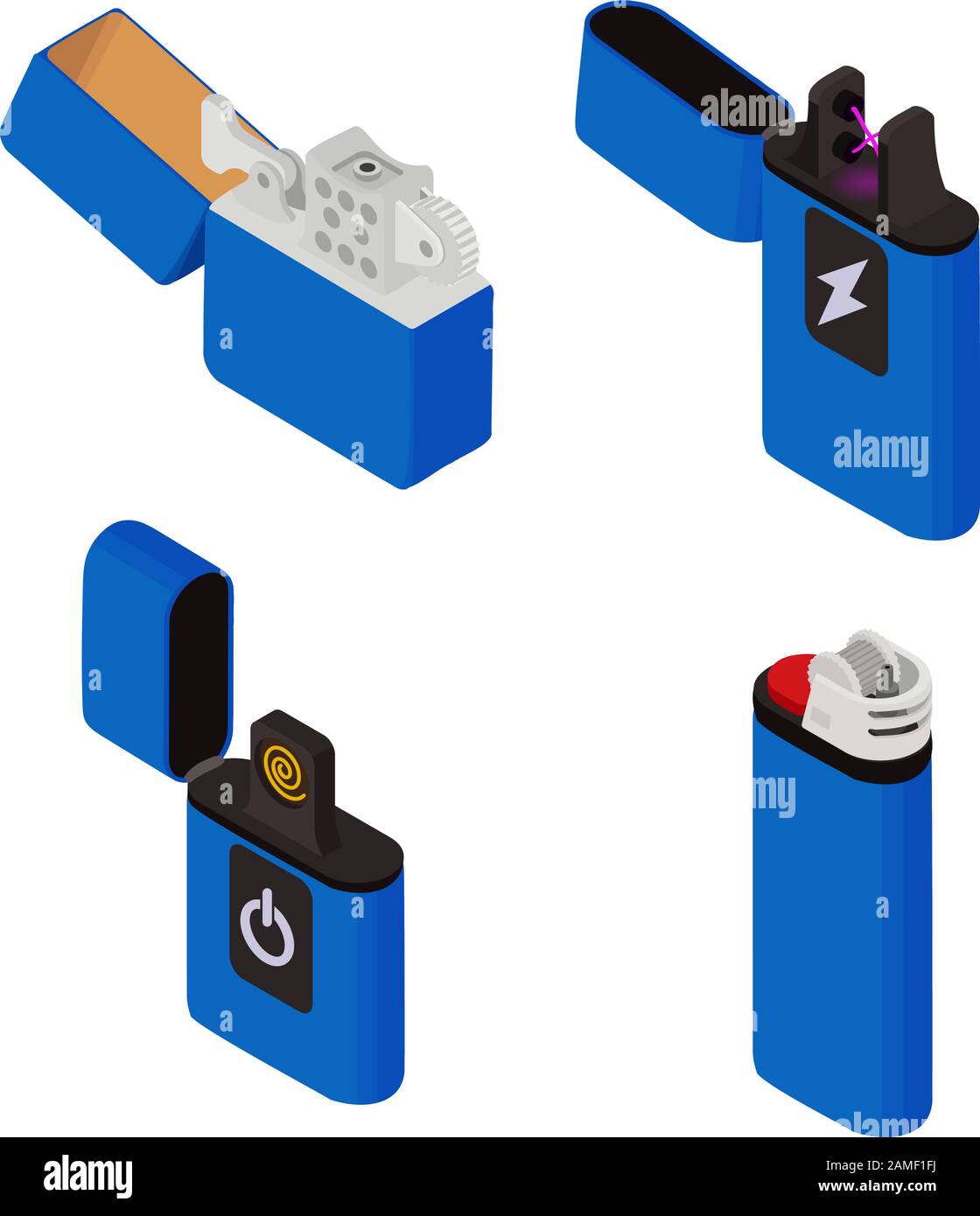 Cigarette lighter icons set. Isometric set of cigarette lighter vector ...
