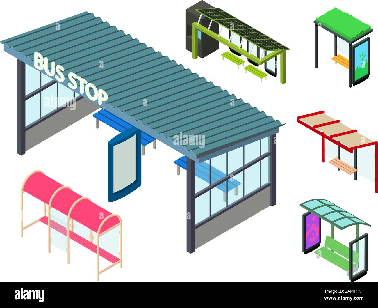 Bus stop icons set. Isometric set of bus stop vector icons for web ...