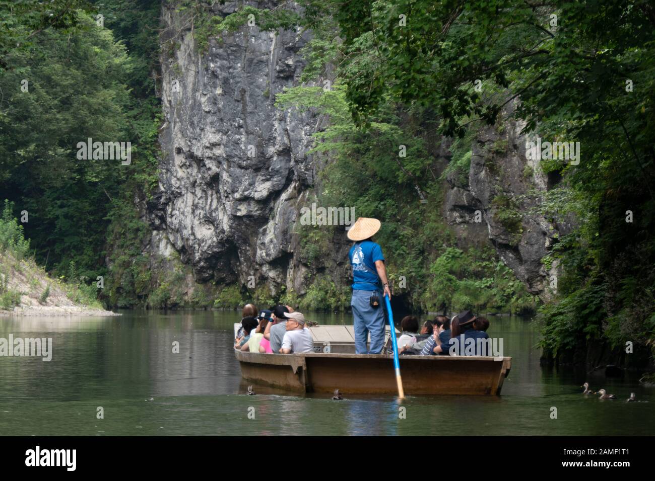 Boat with tourists on Satetsu river of Geibi Gorge or Geibikei in Iwate ...