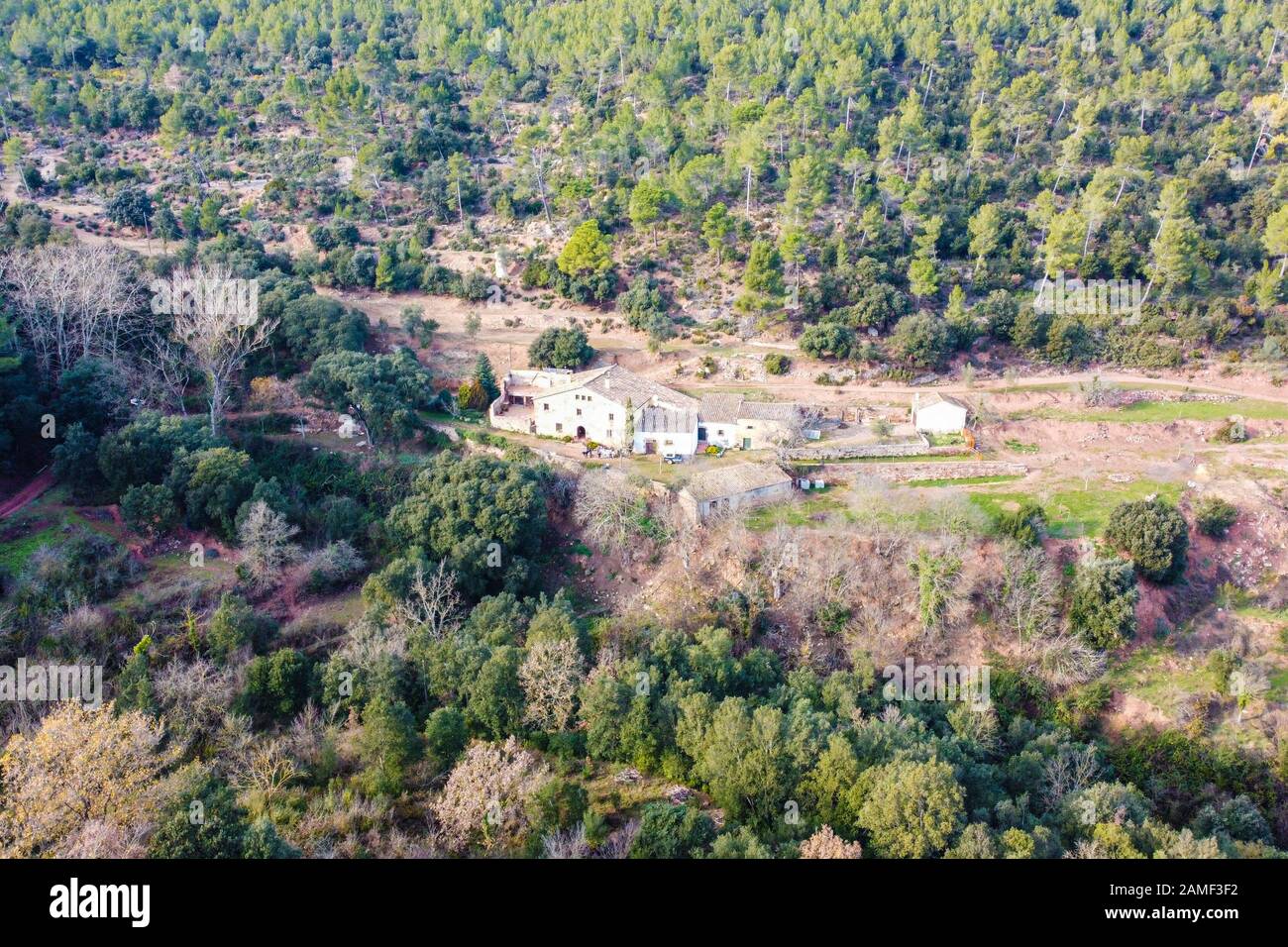 Air view of a typical farm of Catalonia, Spain Stock Photo - Alamy
