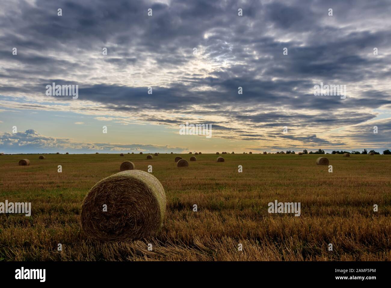 Haystacks on the field in Autumn season. Rural landscape with cloudy ...