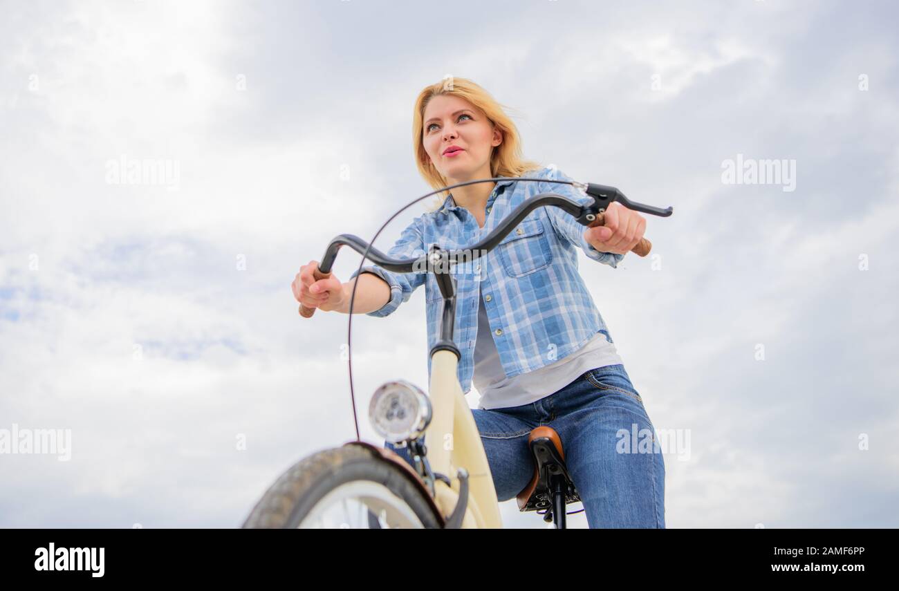 Lady emotional bike rider. Woman likes to ride bike fast. Girl enjoy ...