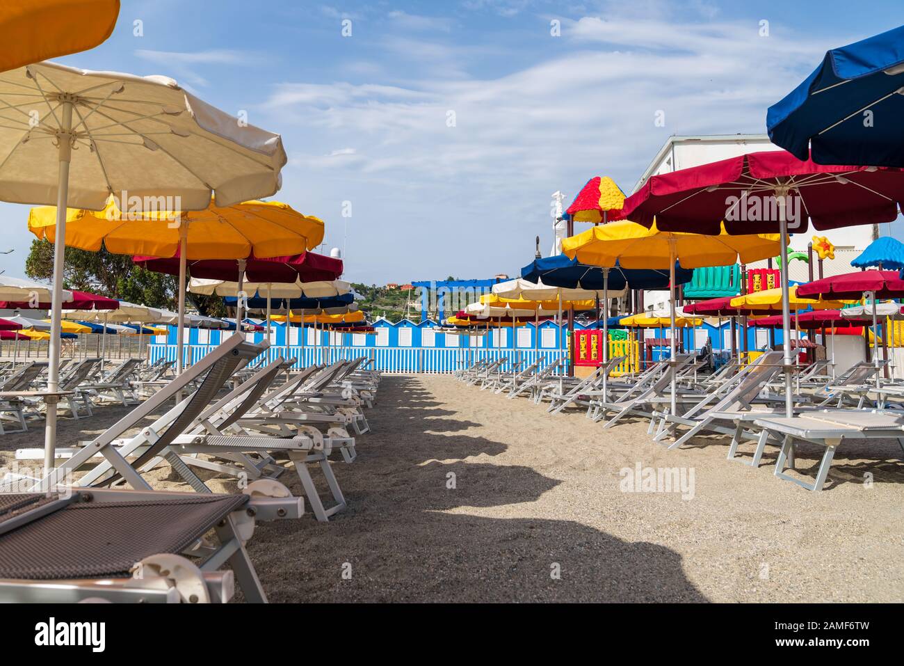 view of Varazze beach and its typical colored sun umbrellas, the ...