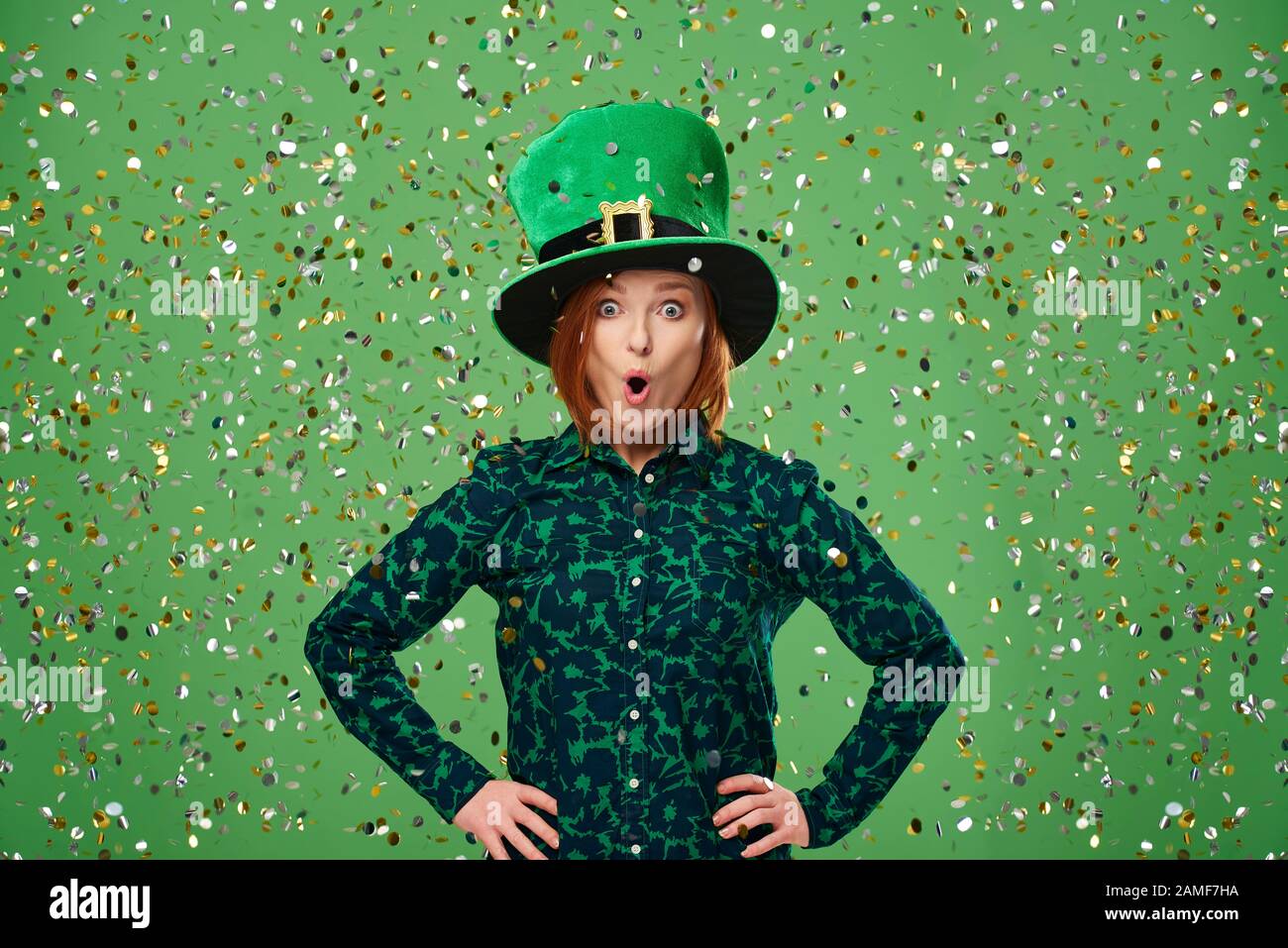 Portrait of screaming leprechaun under a shower of confetti Stock Photo ...