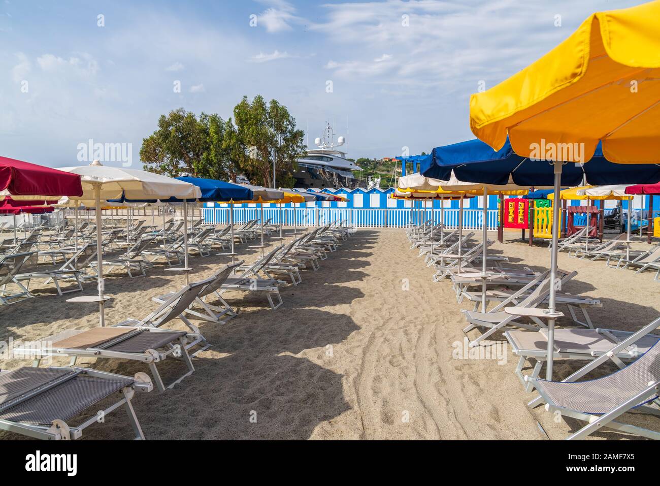 view of Varazze beach and its typical colored sun umbrellas, the ...