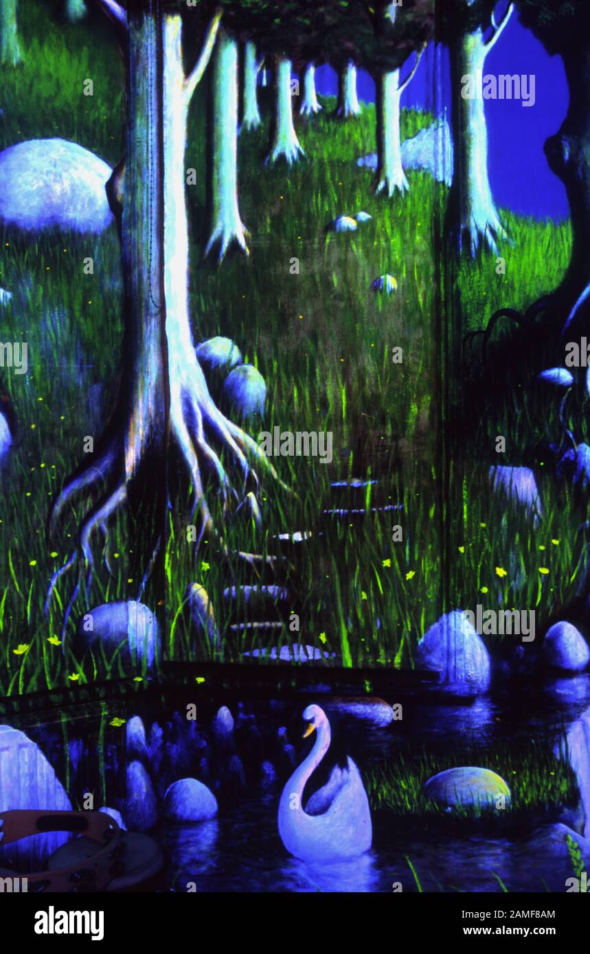 Forest pathway and white swan swimming on a lake painted in ultra ...
