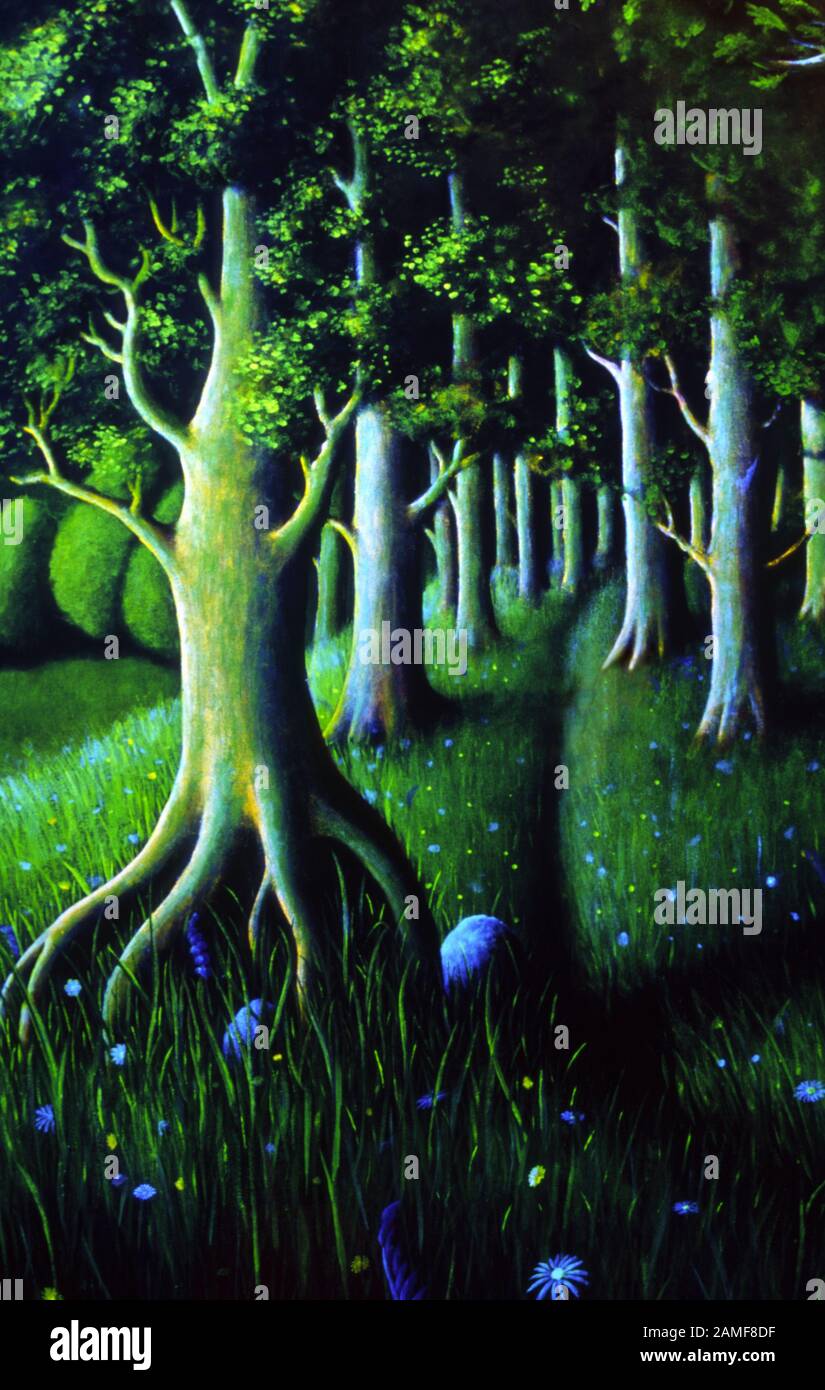 Forest pathway through spring bluebell woodland, painted in ultra ...
