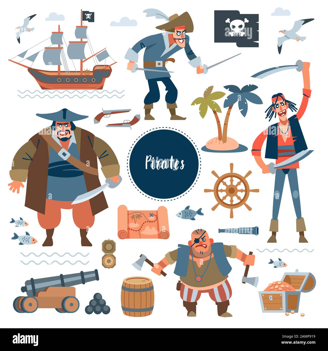 Pirates. Collection of adorable pirates, sail ship, sea fish and ...