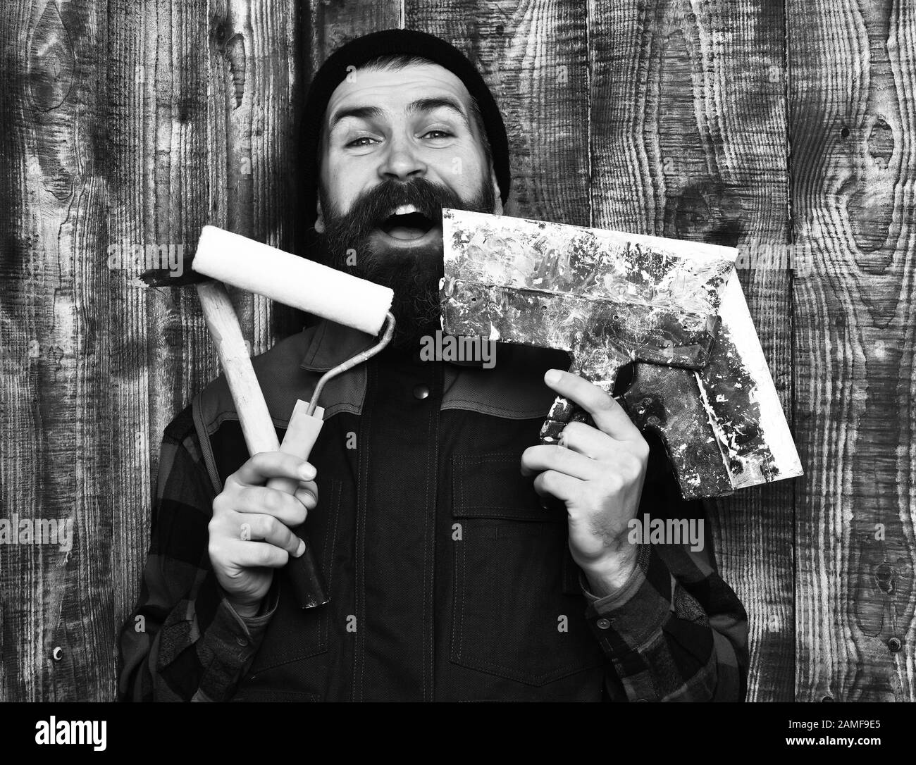 bearded builder man, long beard, brutal caucasian hipster with ...