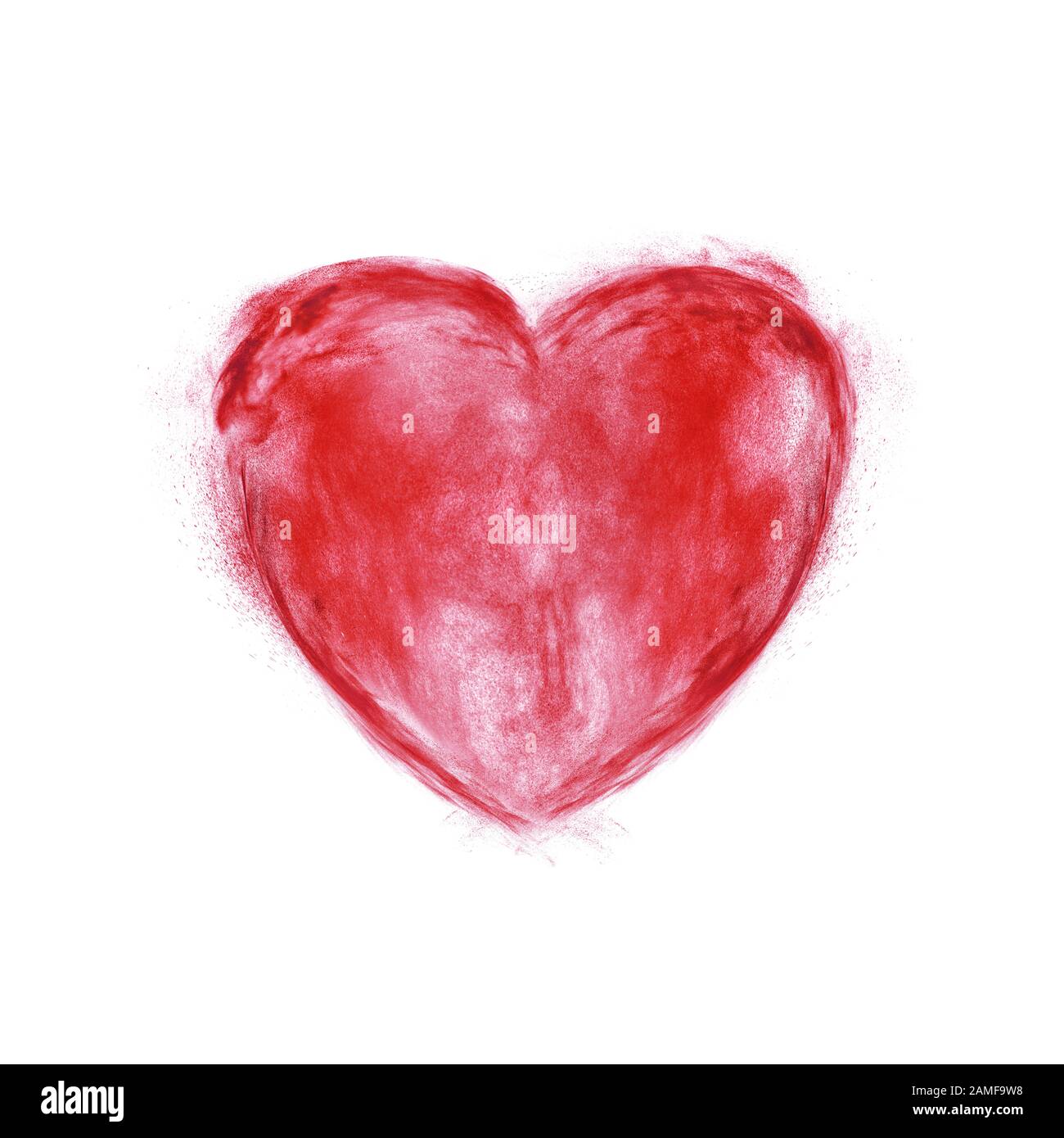 Powdered red dust cloud in the shape of heart on a white background ...