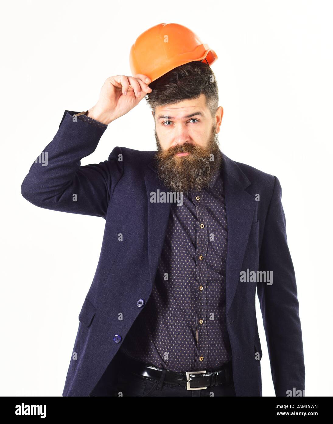 Building, inspection, profession concept. Building inspector wears ...