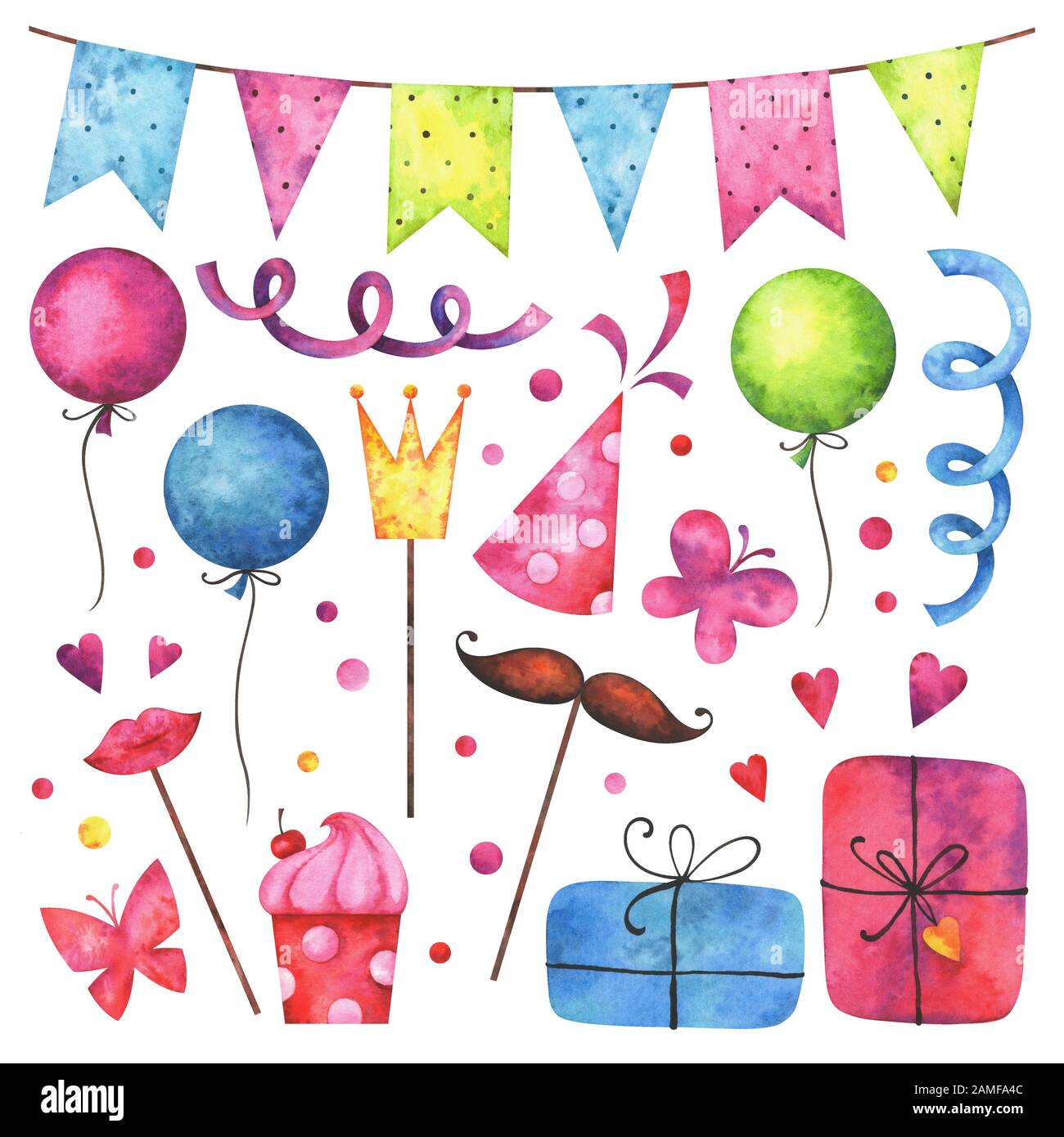 Watercolor Happy birthday clip art set Stock Photo - Alamy