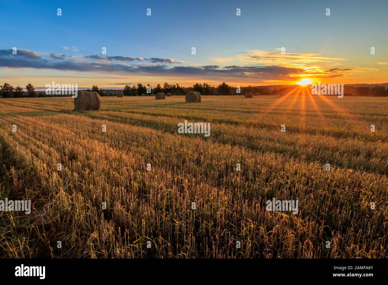 Haystacks on the field in Autumn season. Rural landscape with cloudy ...