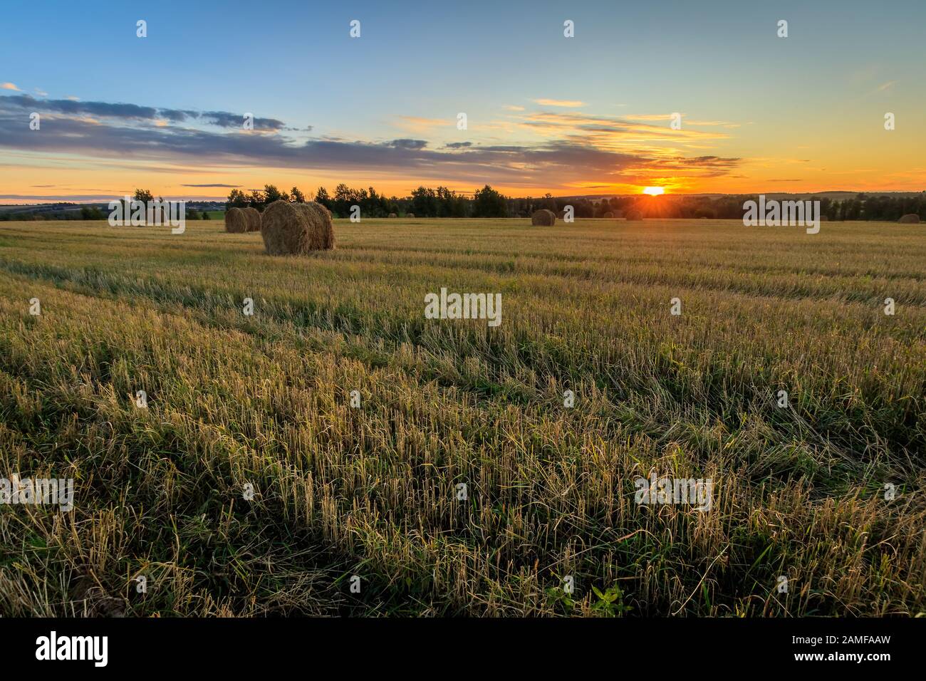 Haystacks on the field in Autumn season. Rural landscape with cloudy ...