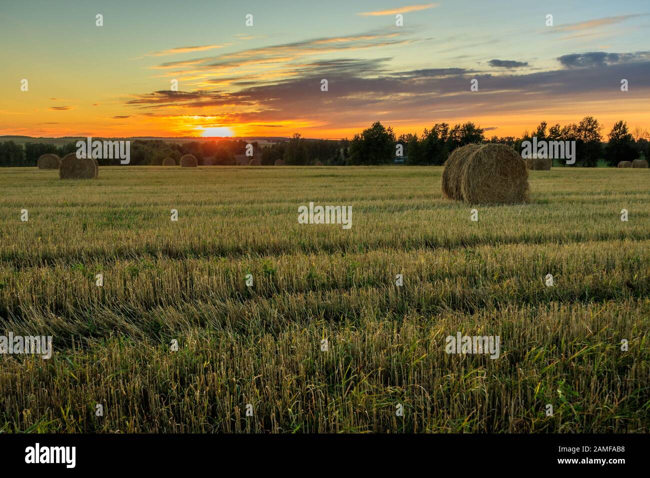Haystacks on the field in Autumn season. Rural landscape with cloudy ...