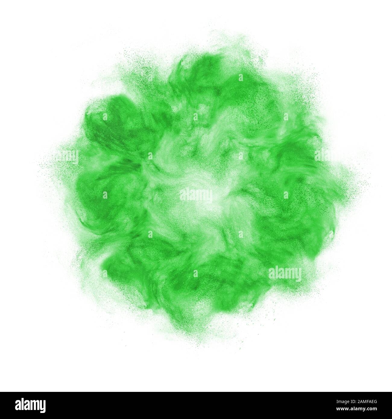 Green powder explosion in the shape of round frame on a white ...