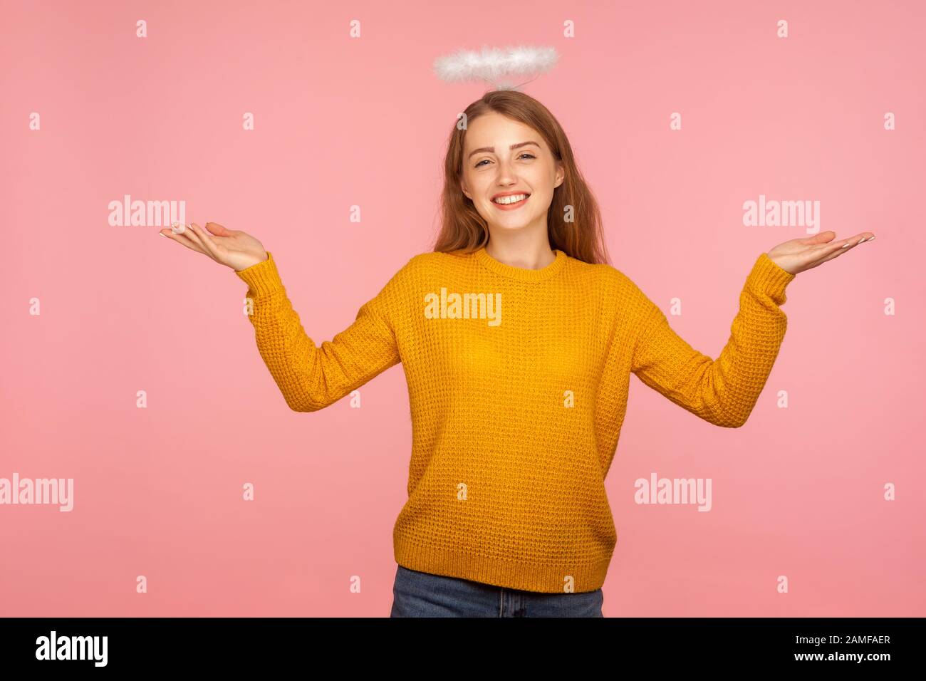 I don't know. Portrait of angelic ginger girl with halo over head ...