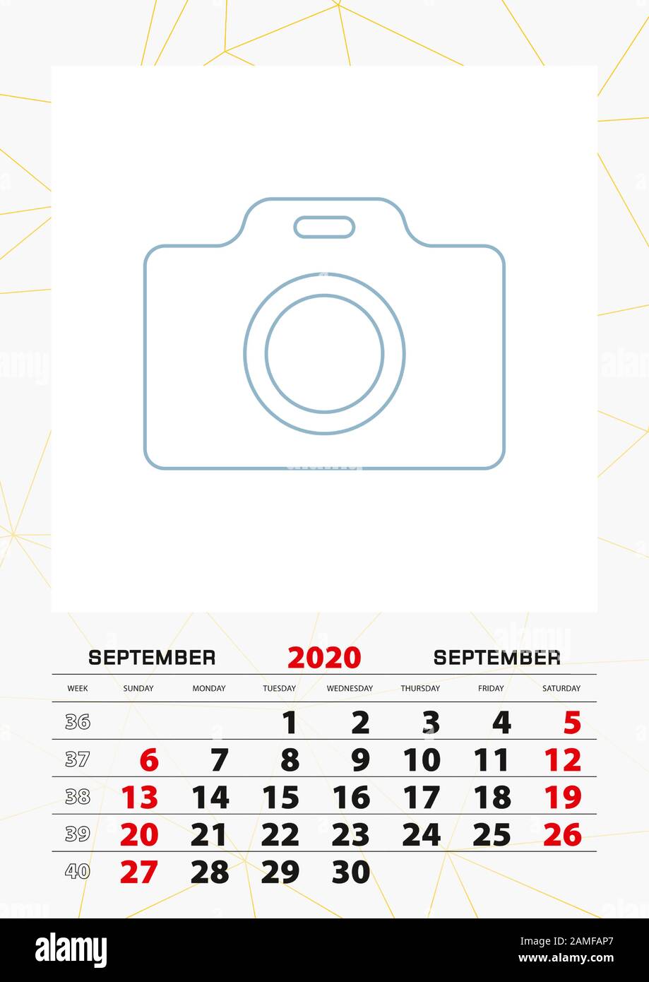 Wall calendar planner template for September 2020, week starts on ...