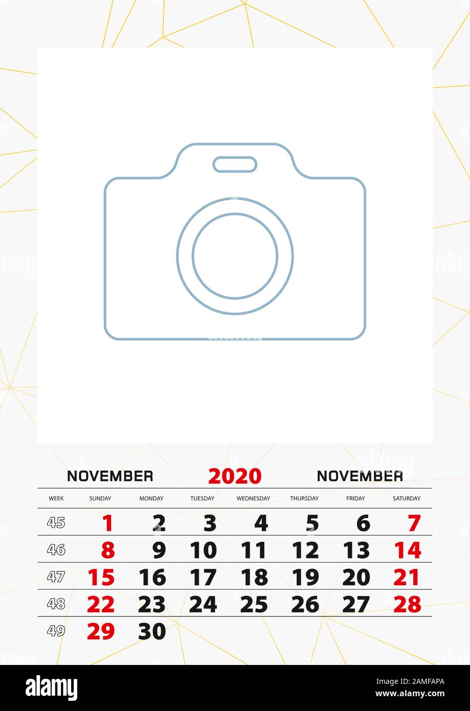 Wall calendar planner template for November 2020, week starts on sunday ...