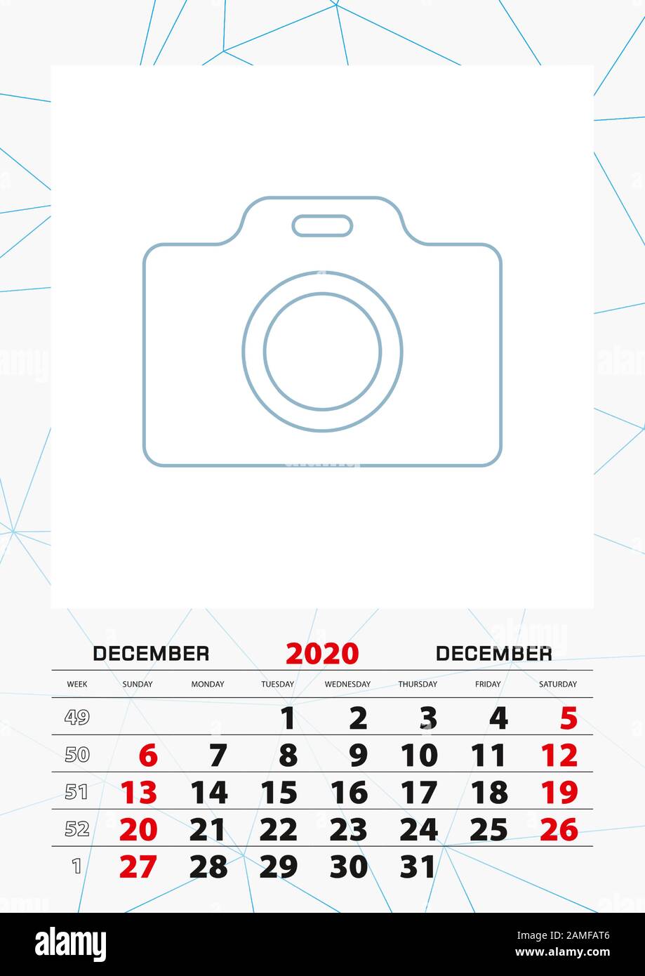 Wall calendar planner template for December 2020, week starts on sunday ...