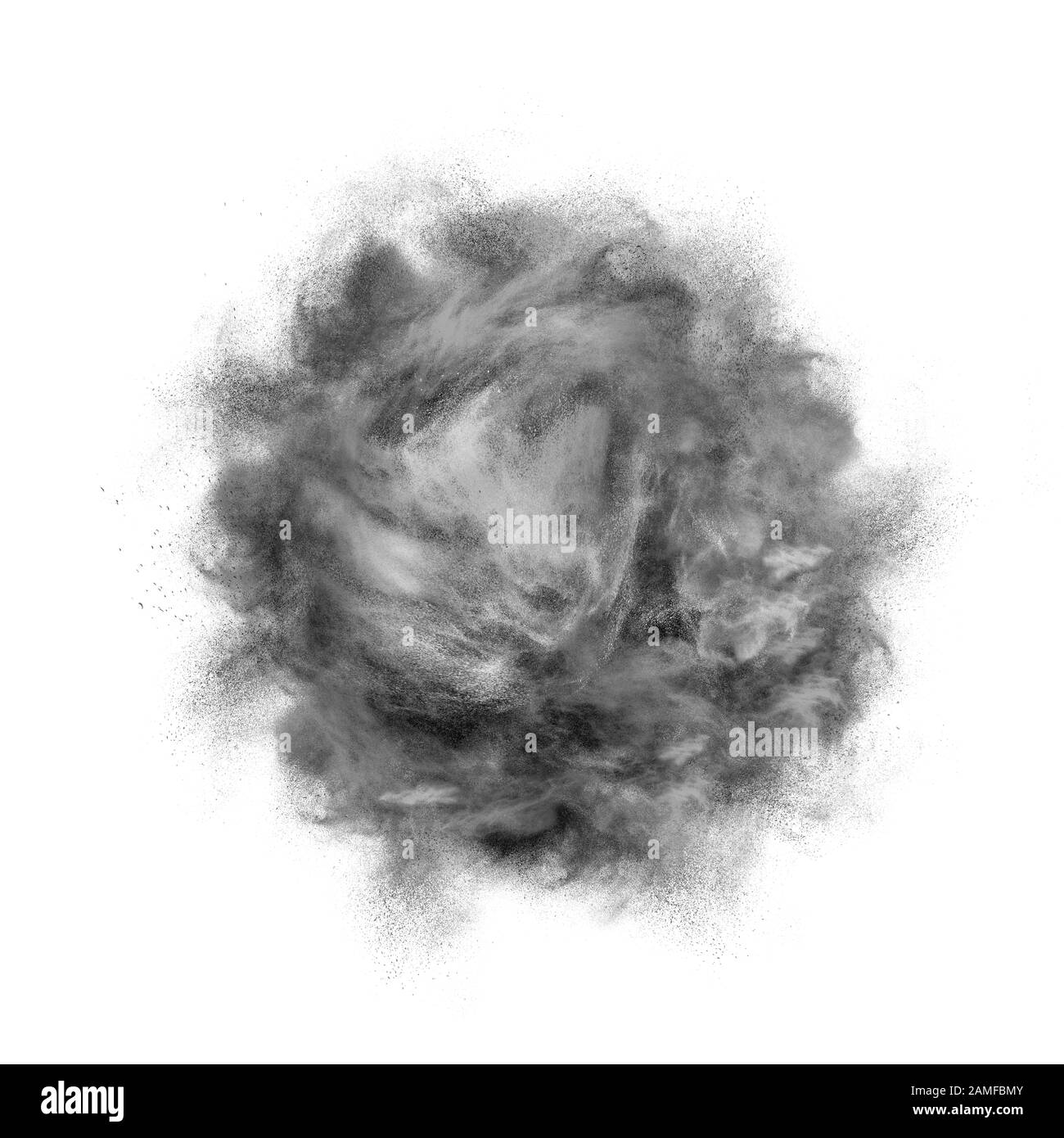 Abstract powder explosion of dark gray color on a white background with ...