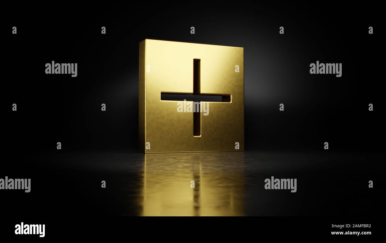gold metal inverted plus symbol in square 3D rendering with blurry ...