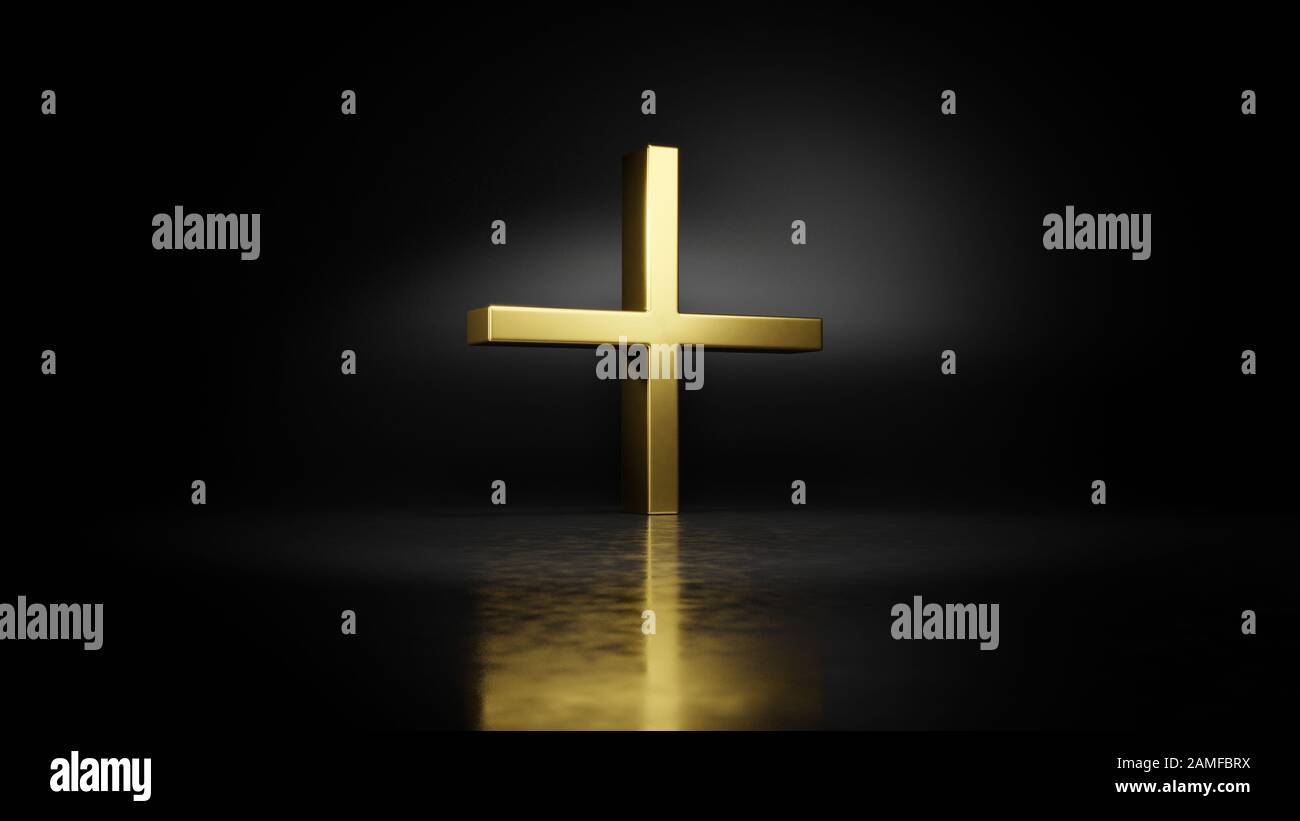 gold metal thin plus symbol 3D rendering with blurry reflection on ...