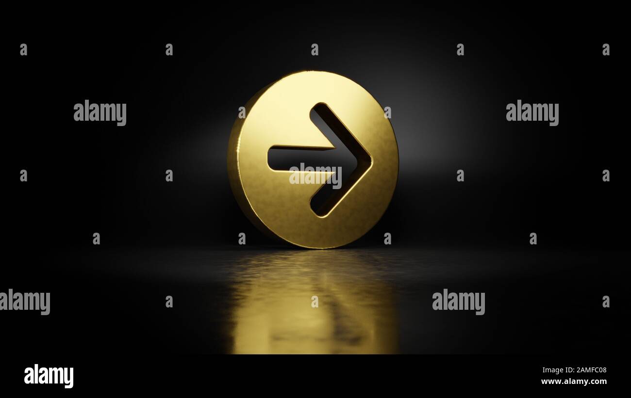 gold metal symbol of open right rounded arrow in circle 3D rendering ...