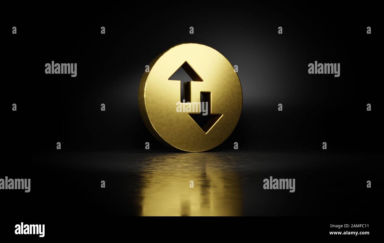 gold metal symbol of inverse up and down arrows in circle 3D rendering ...