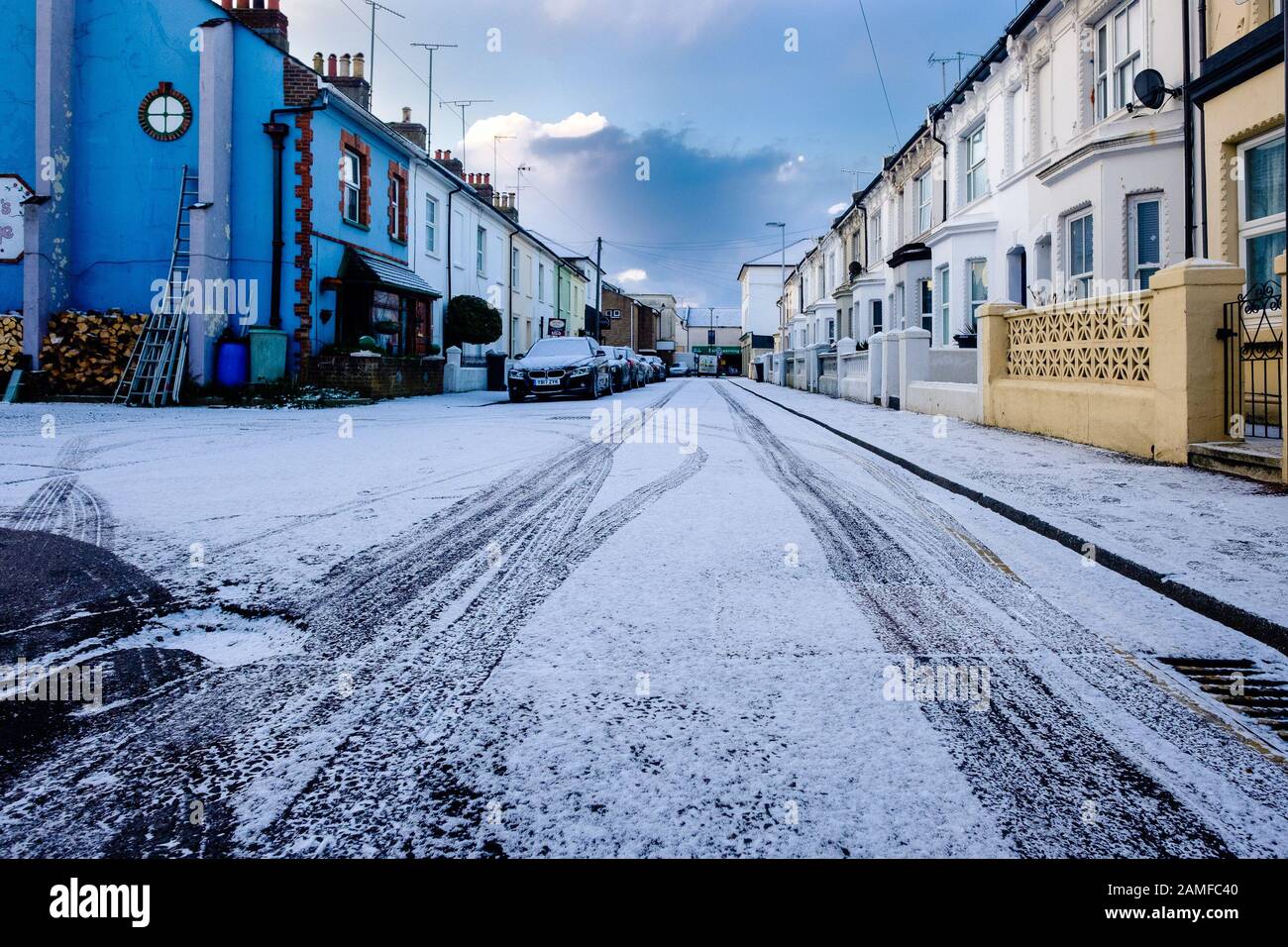 A residential street cover with snow, un-gritted in Worthing, UK, 28/02 ...