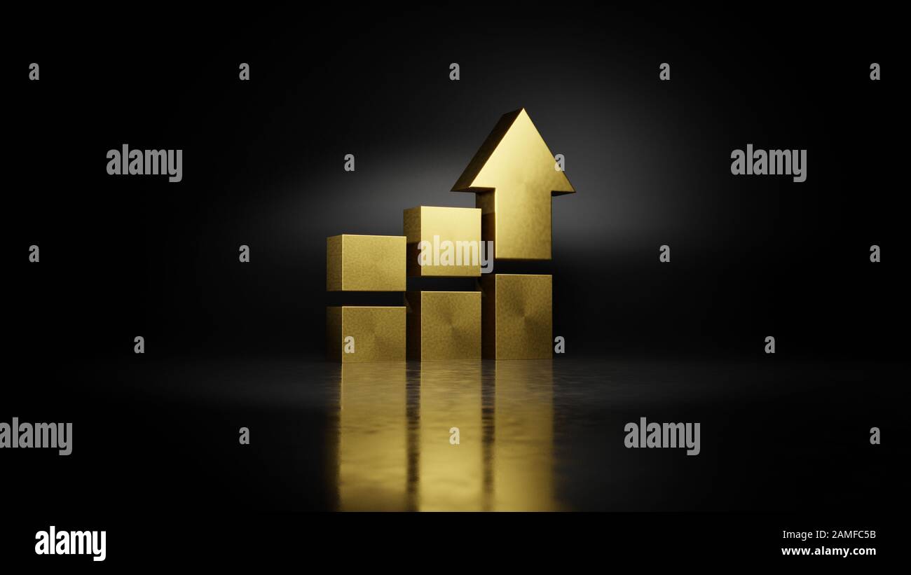 gold metal symbol of bar chart with three columns and arrow 3D ...