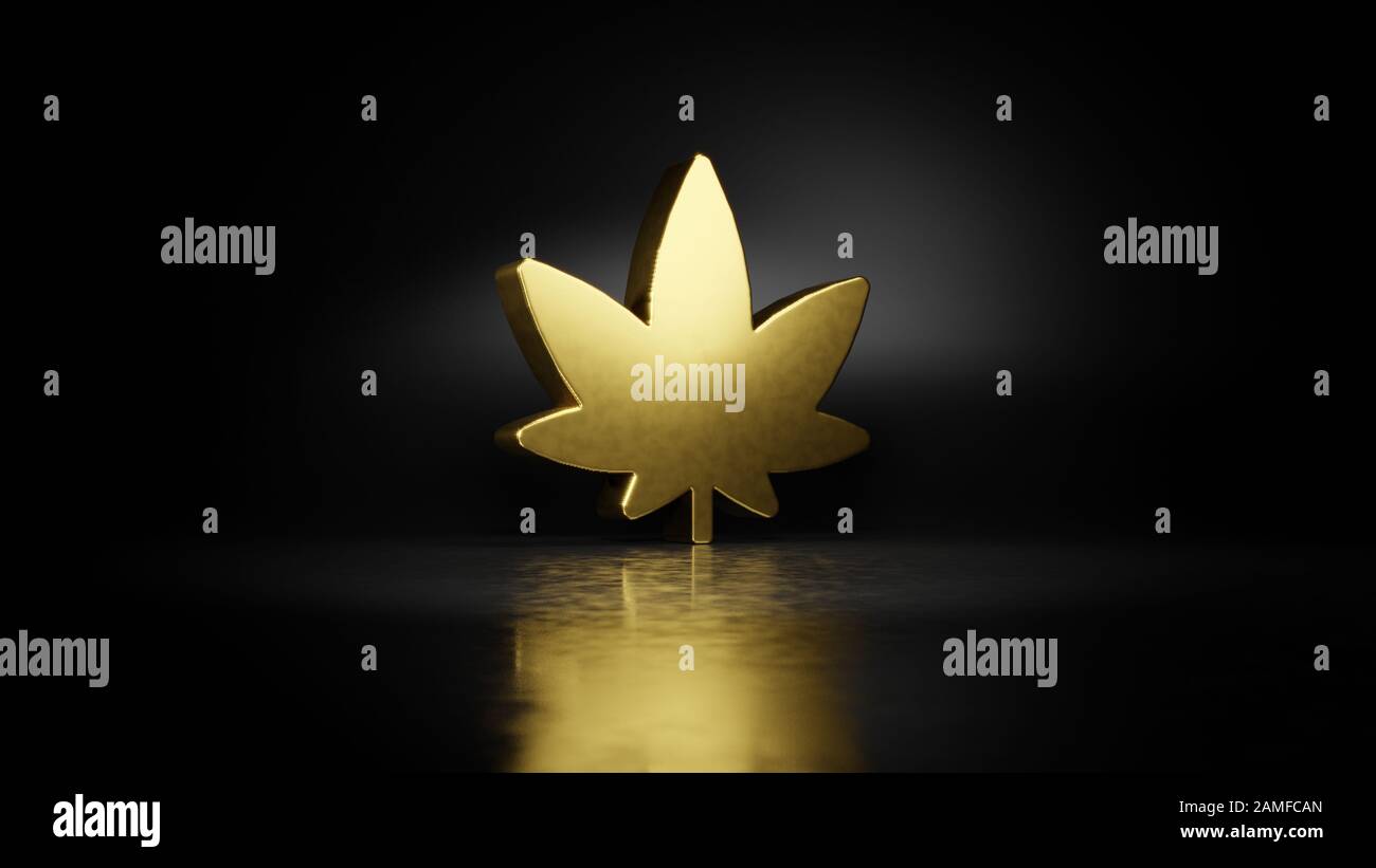 gold metal symbol of cannabis leaf 3D rendering with blurry reflection ...