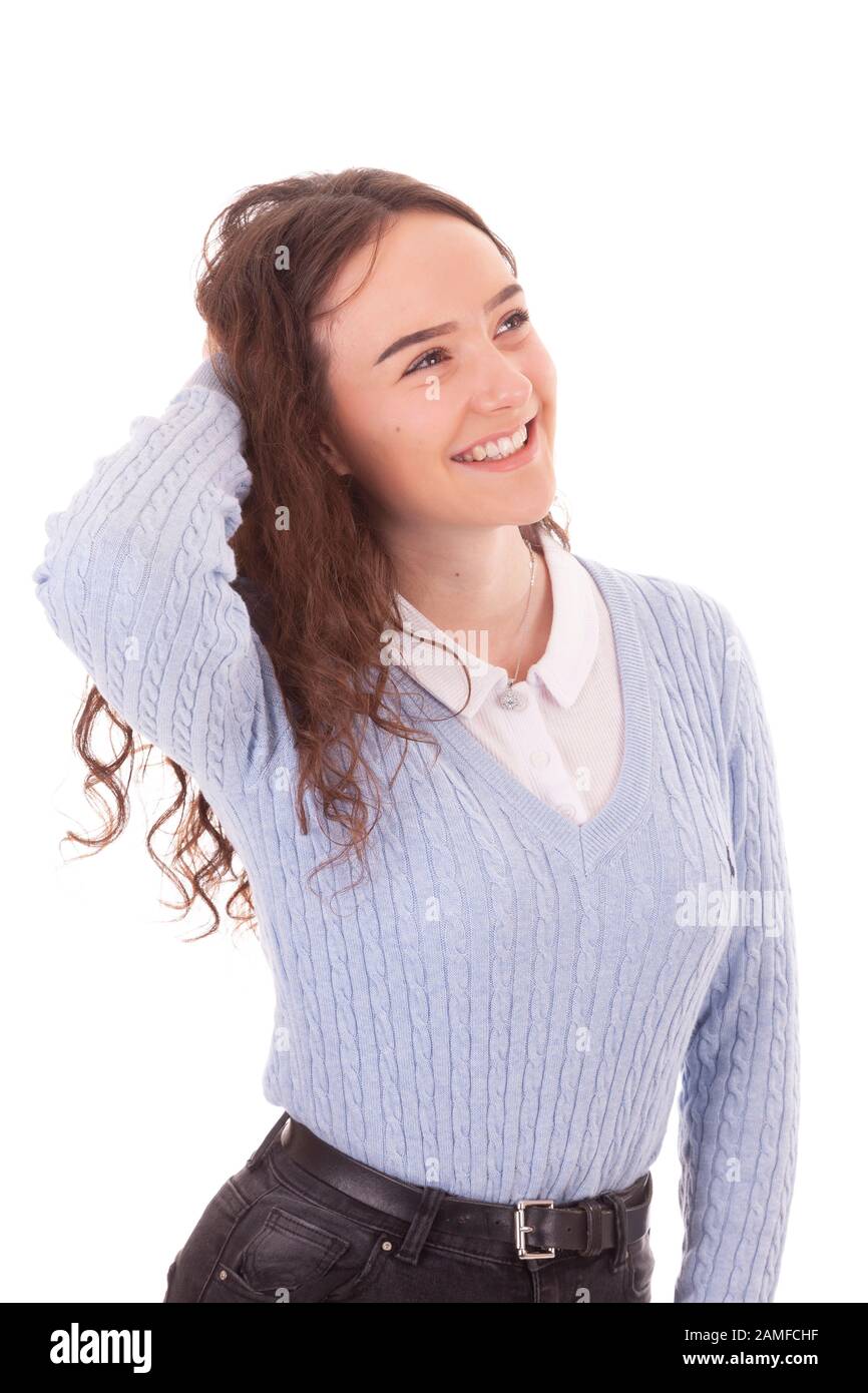 Young girl posing for studio shots against a white background Stock ...