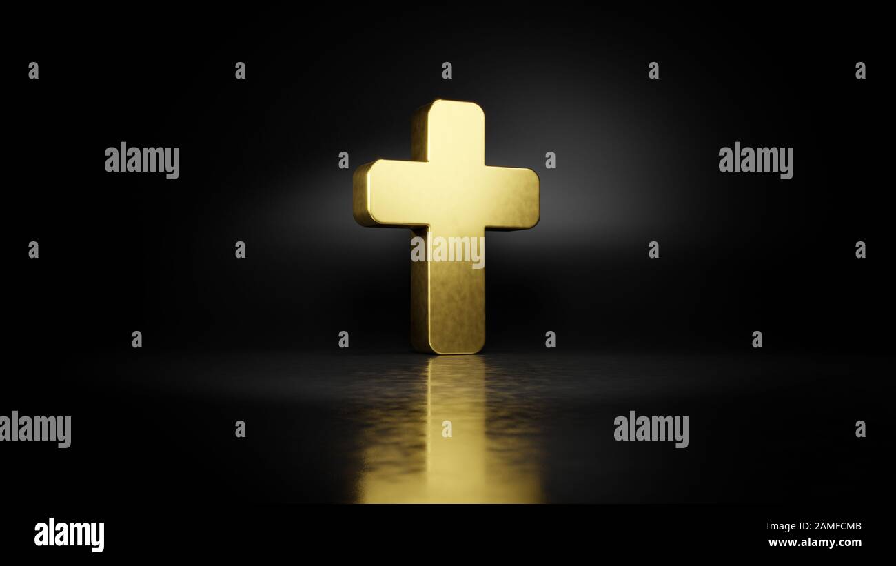 gold metal symbol of catholic cross 3D rendering with blurry reflection ...