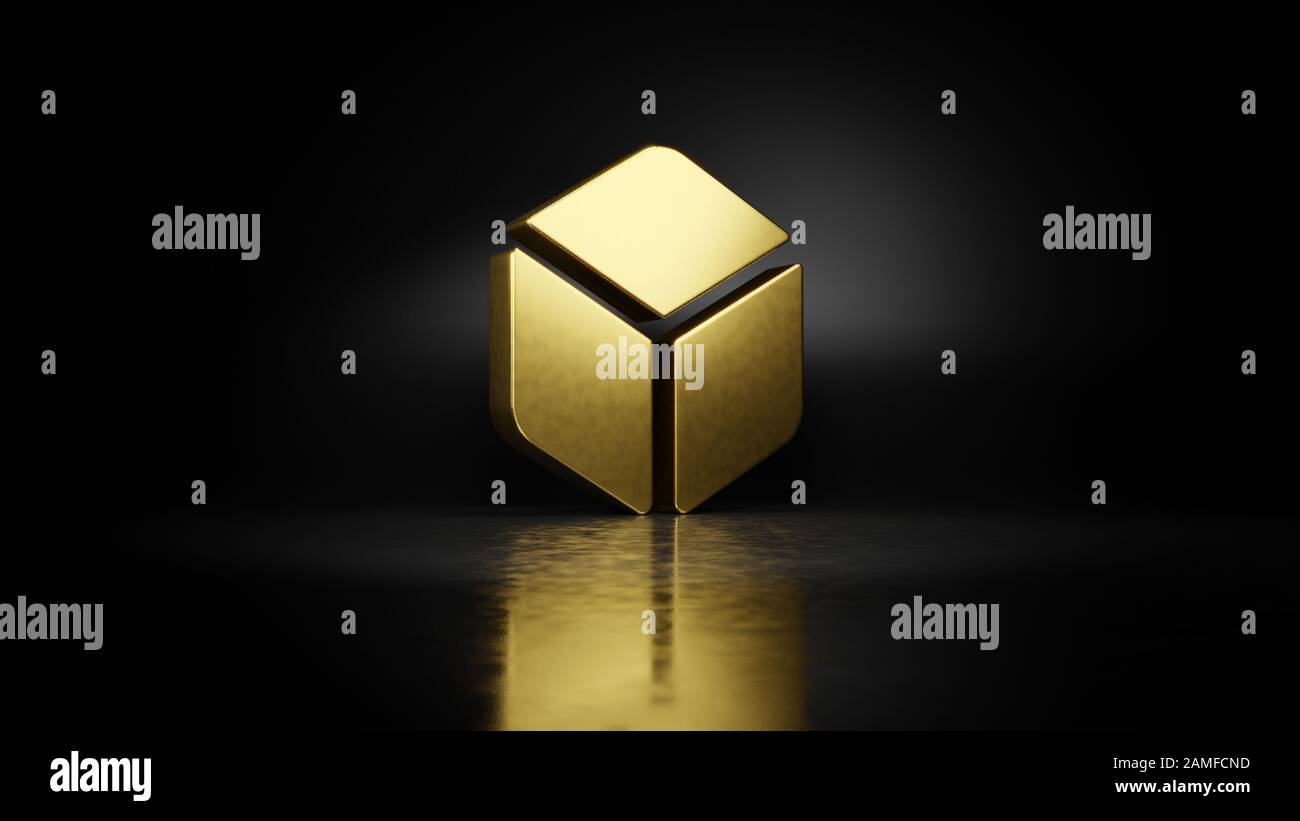 gold metal symbol of cube 3D rendering with blurry reflection on floor ...