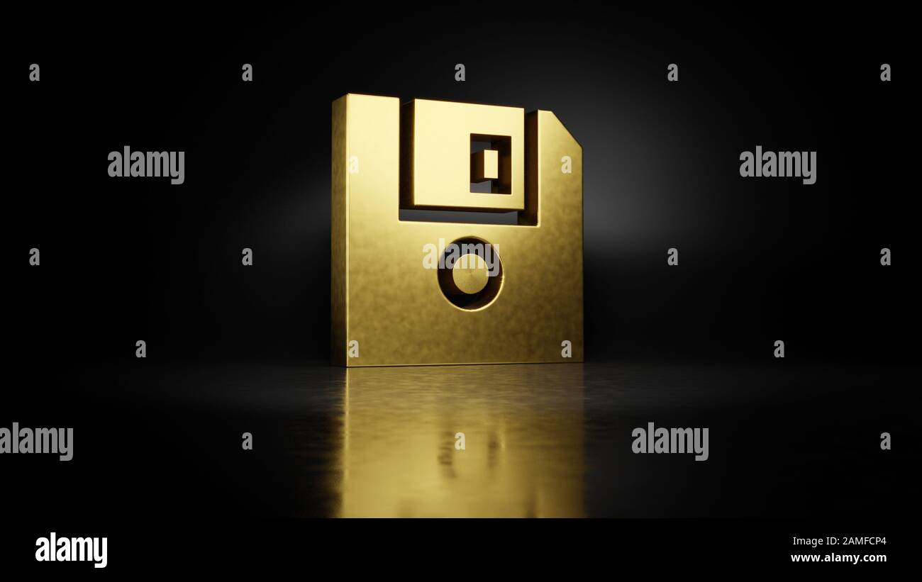 gold metal symbol of floppy disc 3D rendering with blurry reflection on ...