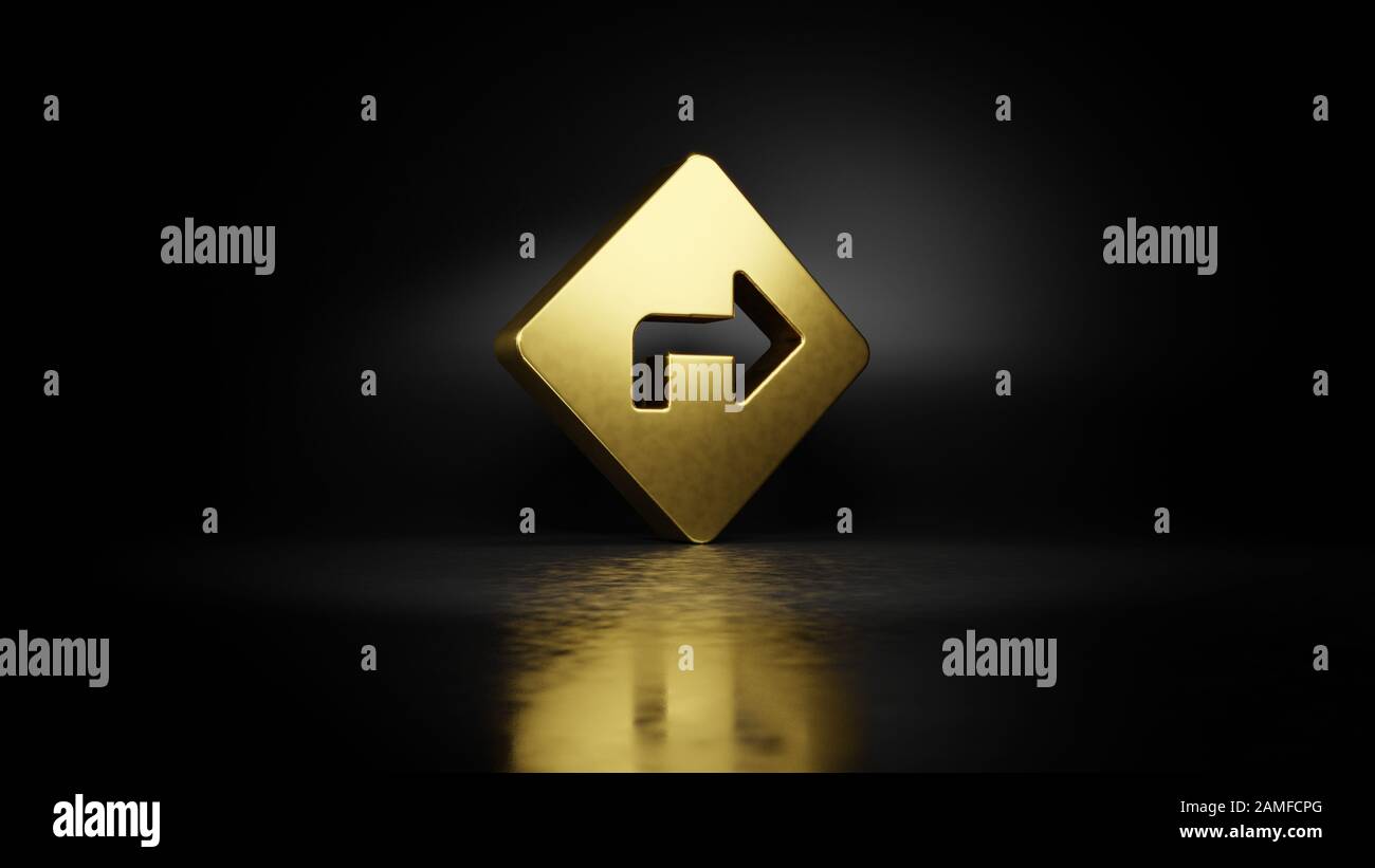 gold metal symbol of lozenge traffic sign with right arrow 3D rendering ...