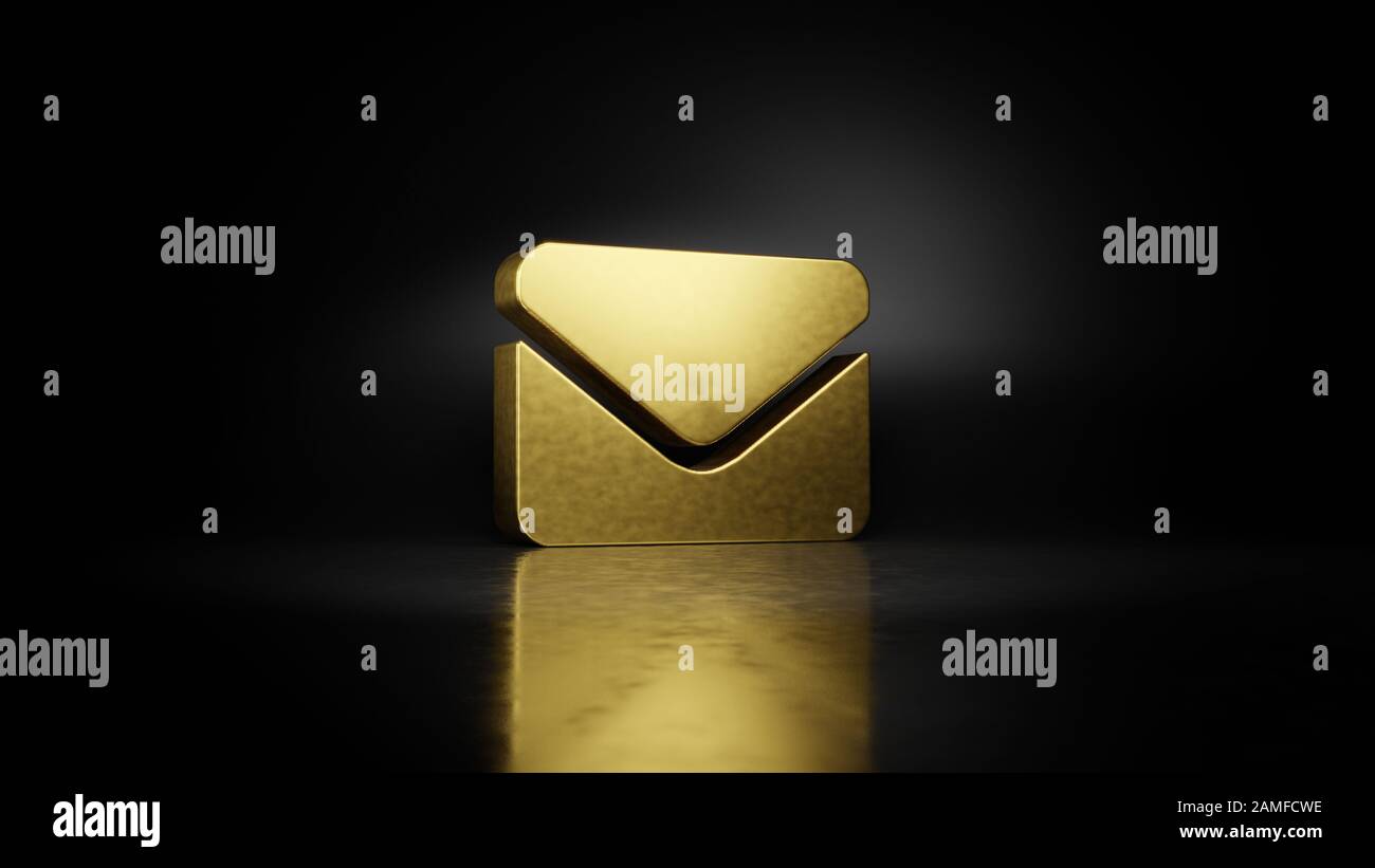 gold metal symbol of post envelope 3D rendering with blurry reflection ...